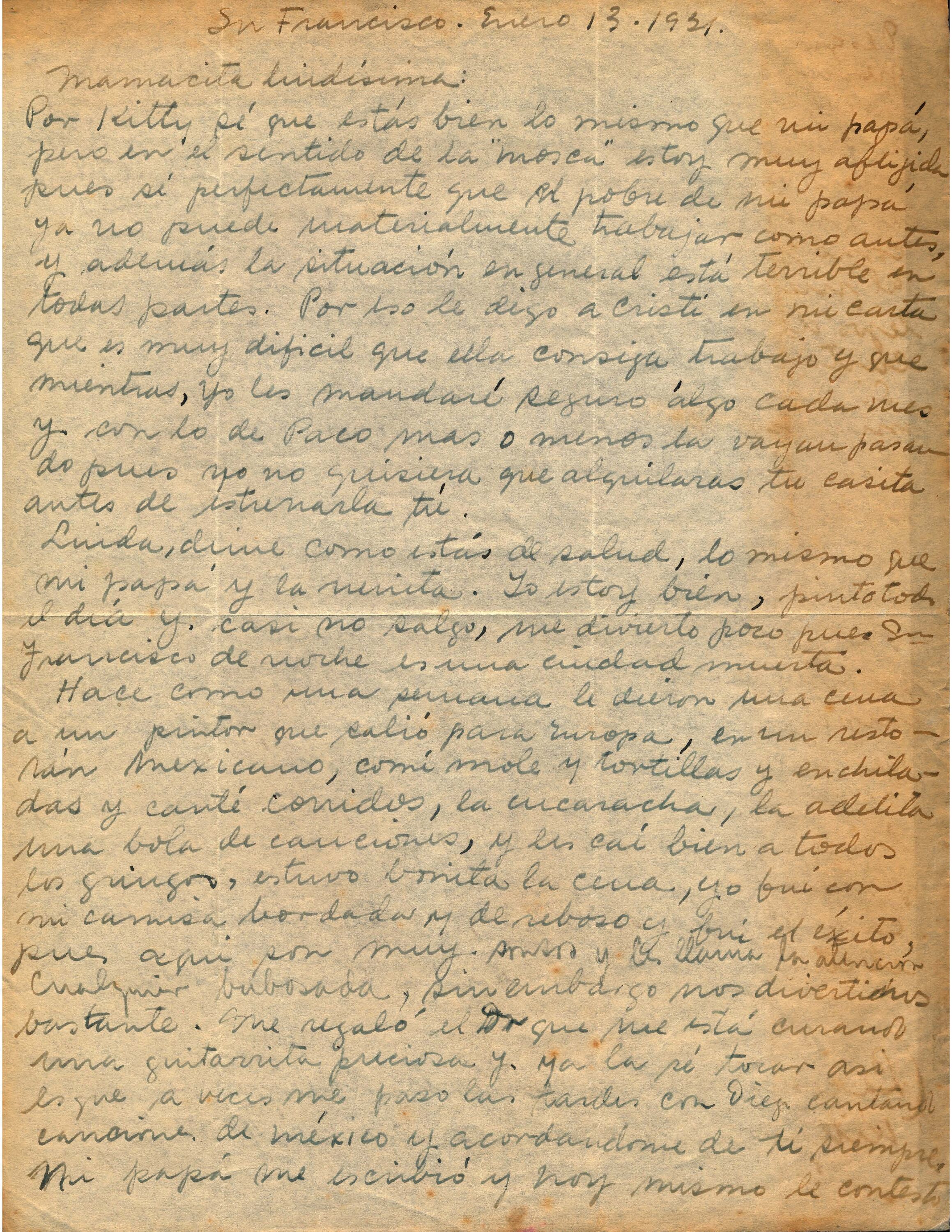 Letter from Frida Kahlo to Matilde Calderon de Kahlo, Jan 13, 1931 ...