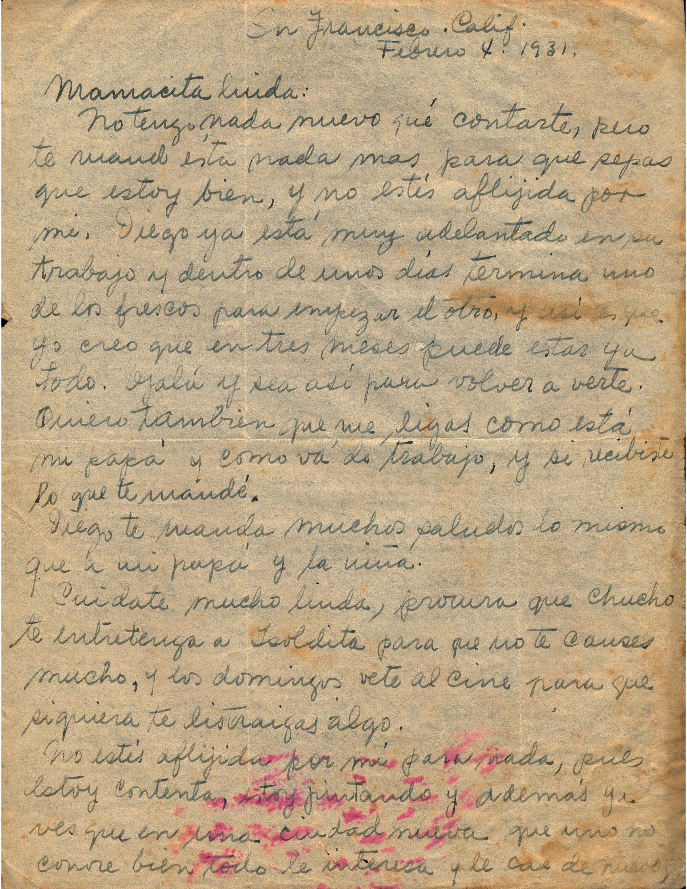 Letter from Frida Kahlo to Matilde Calderon de Kahlo, Feb 4, 1931 ...