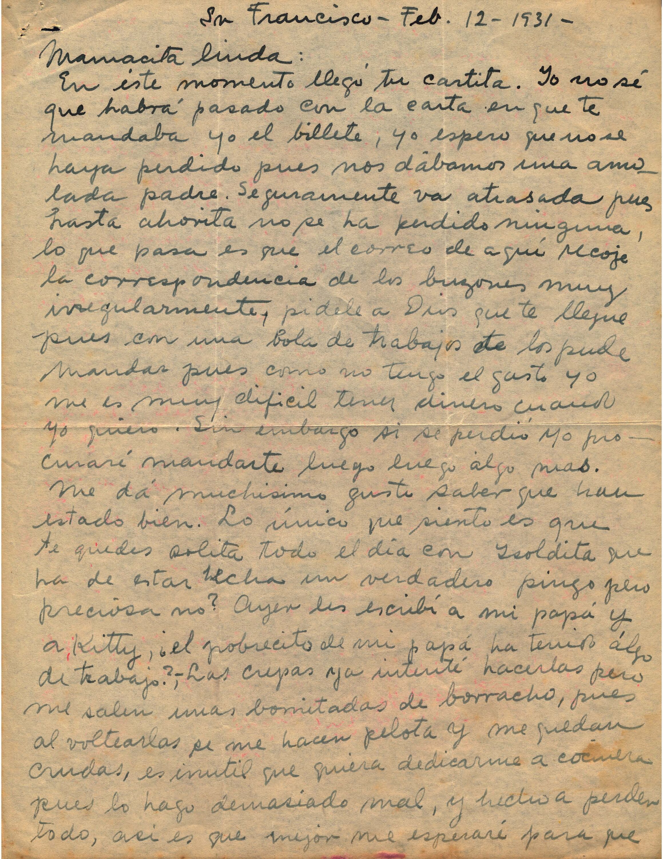 Letter from Frida Kahlo to Matilde Calderon de Kahlo, Feb 12, 1931 ...