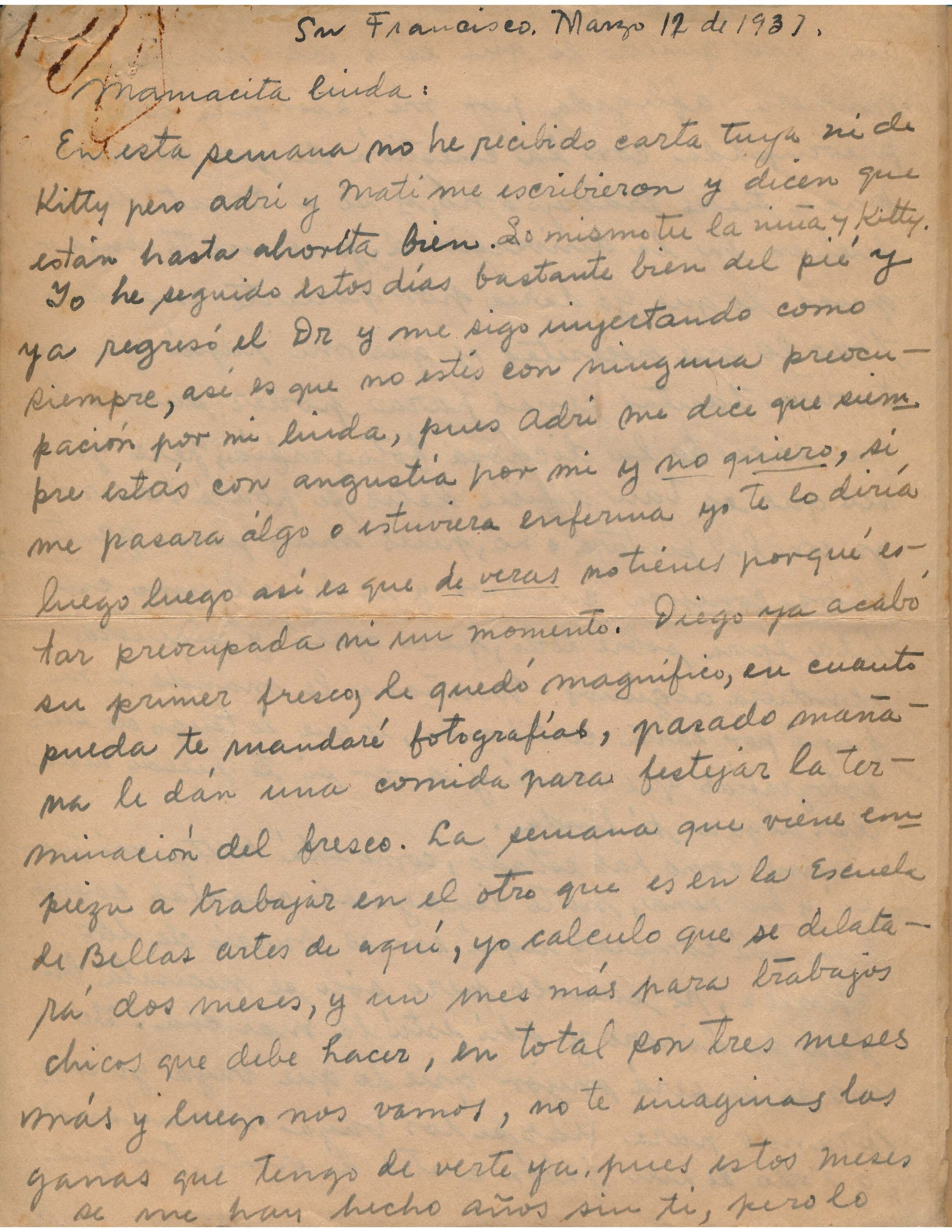 Letter from Frida Kahlo to Matilde Calderon de Kahlo, Mar 12, 1931 ...