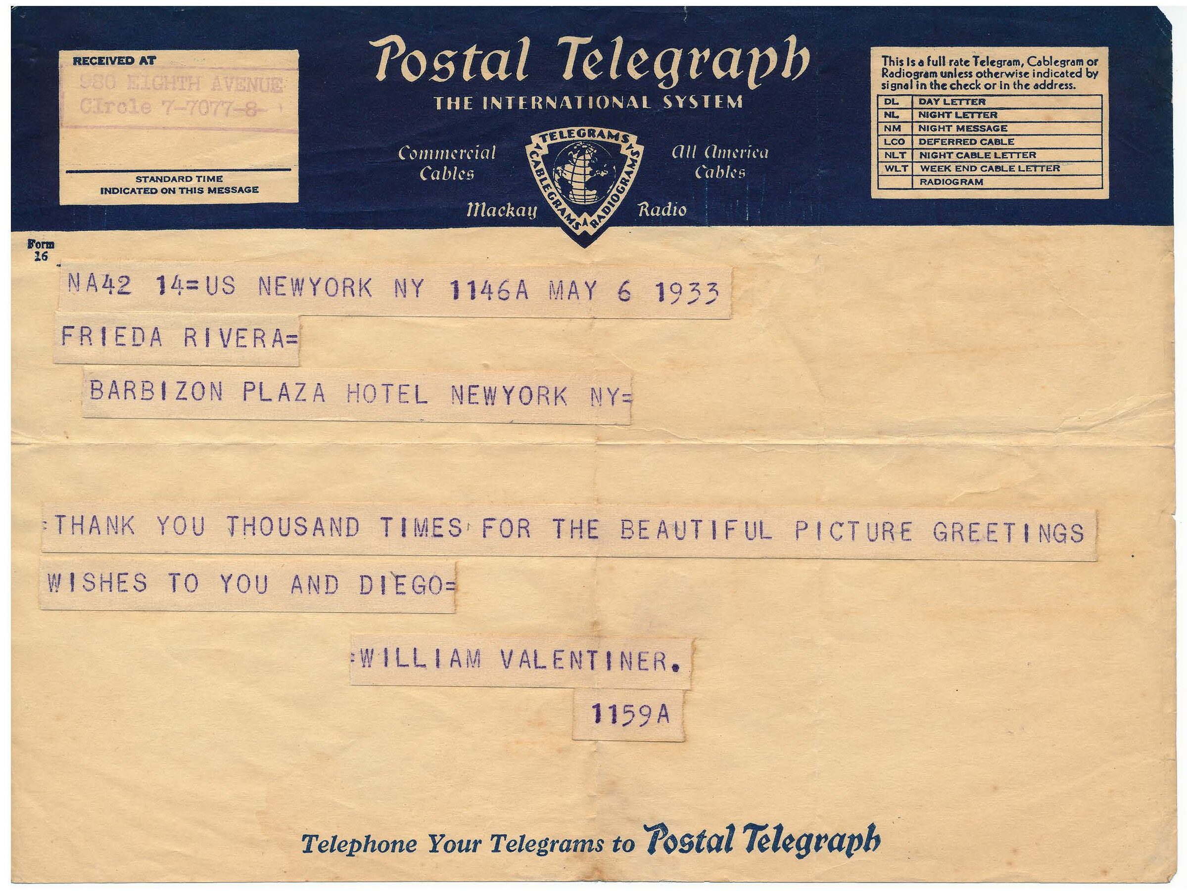 Telegram from William Valentiner to Frida Kahlo, May 6, 1933 | National ...