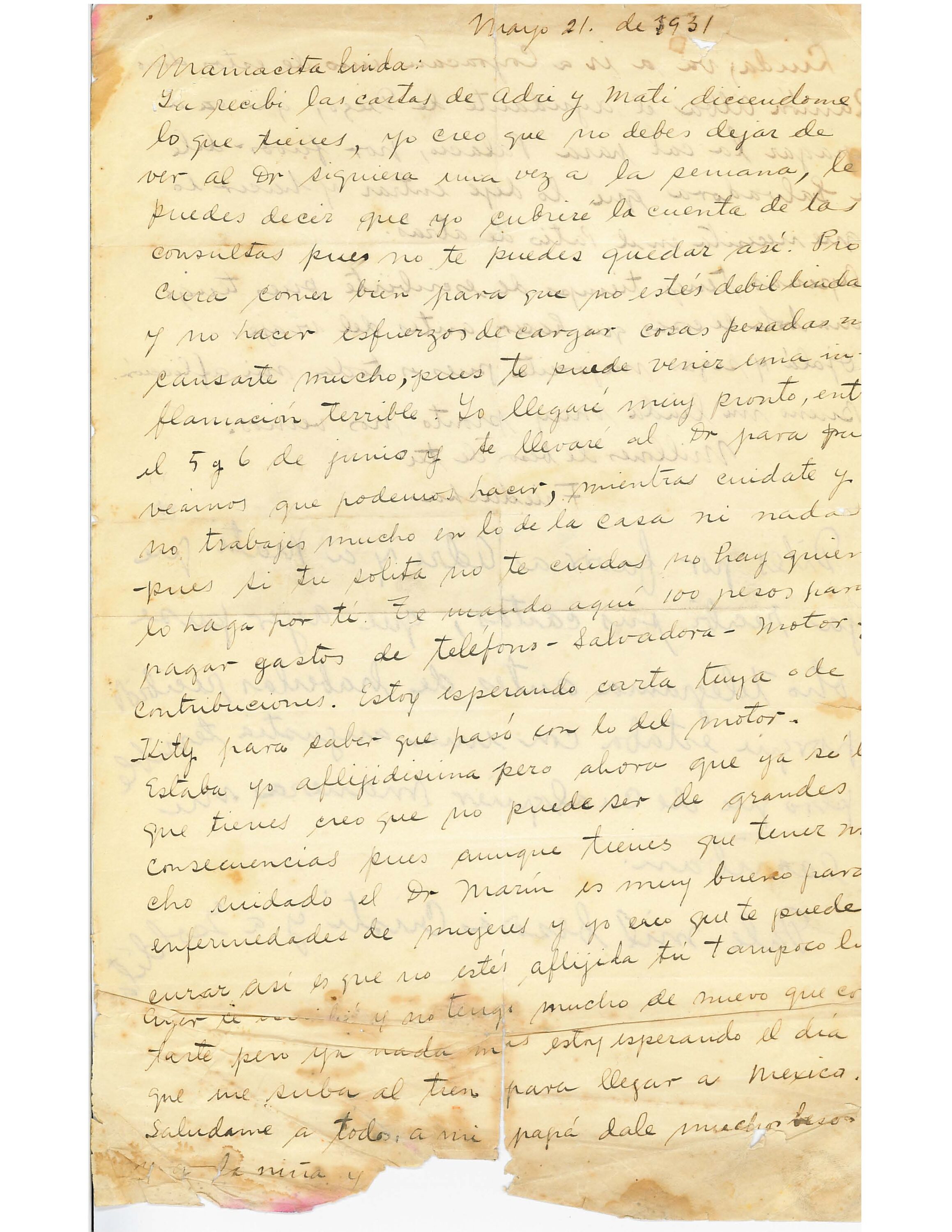 Letter from Frida Kahlo to Matilde Calderon de Kahlo, May 21, 1931 ...
