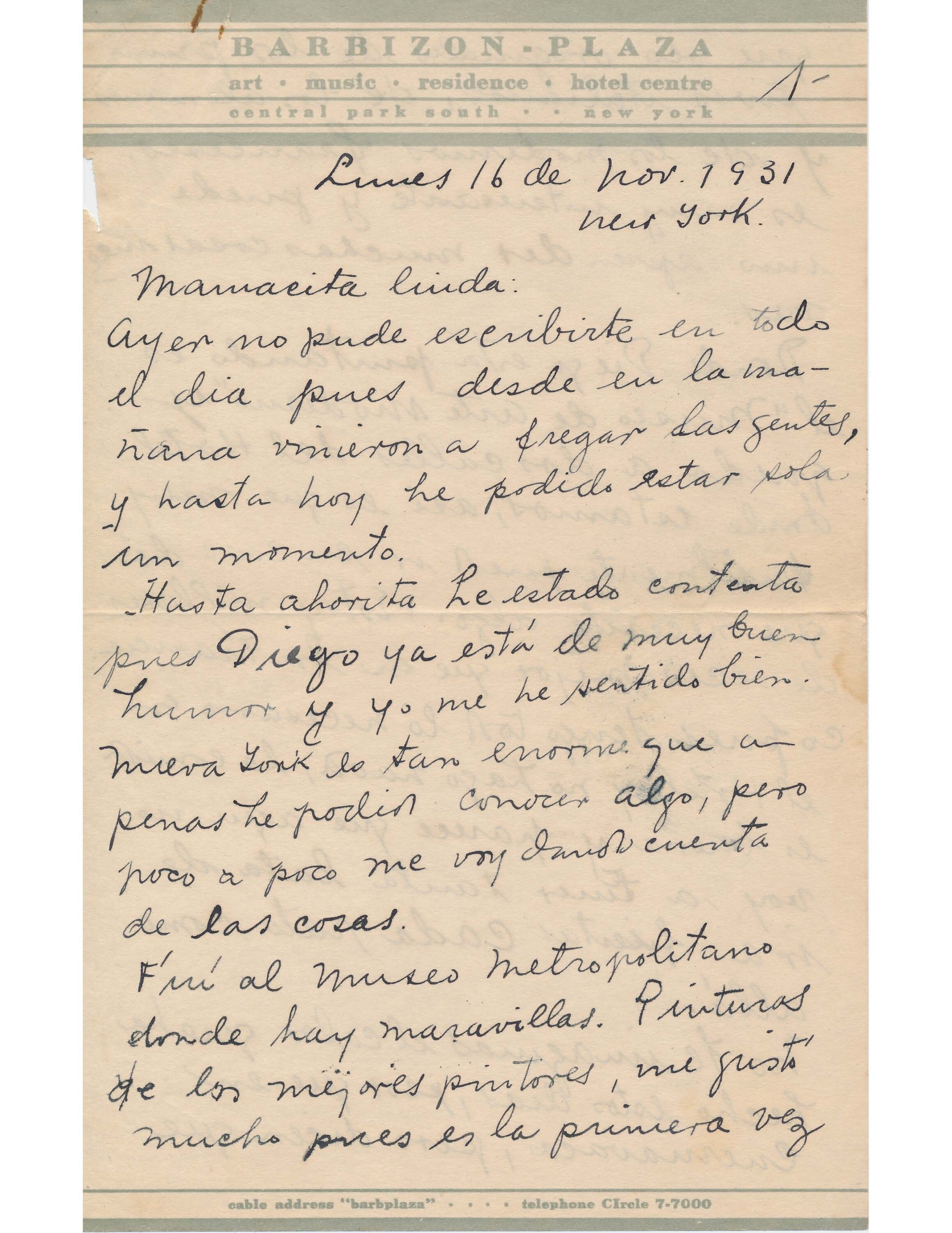 Letter from Frida Kahlo to Matilde Calderon de Kahlo, Nov 16, 1931 ...