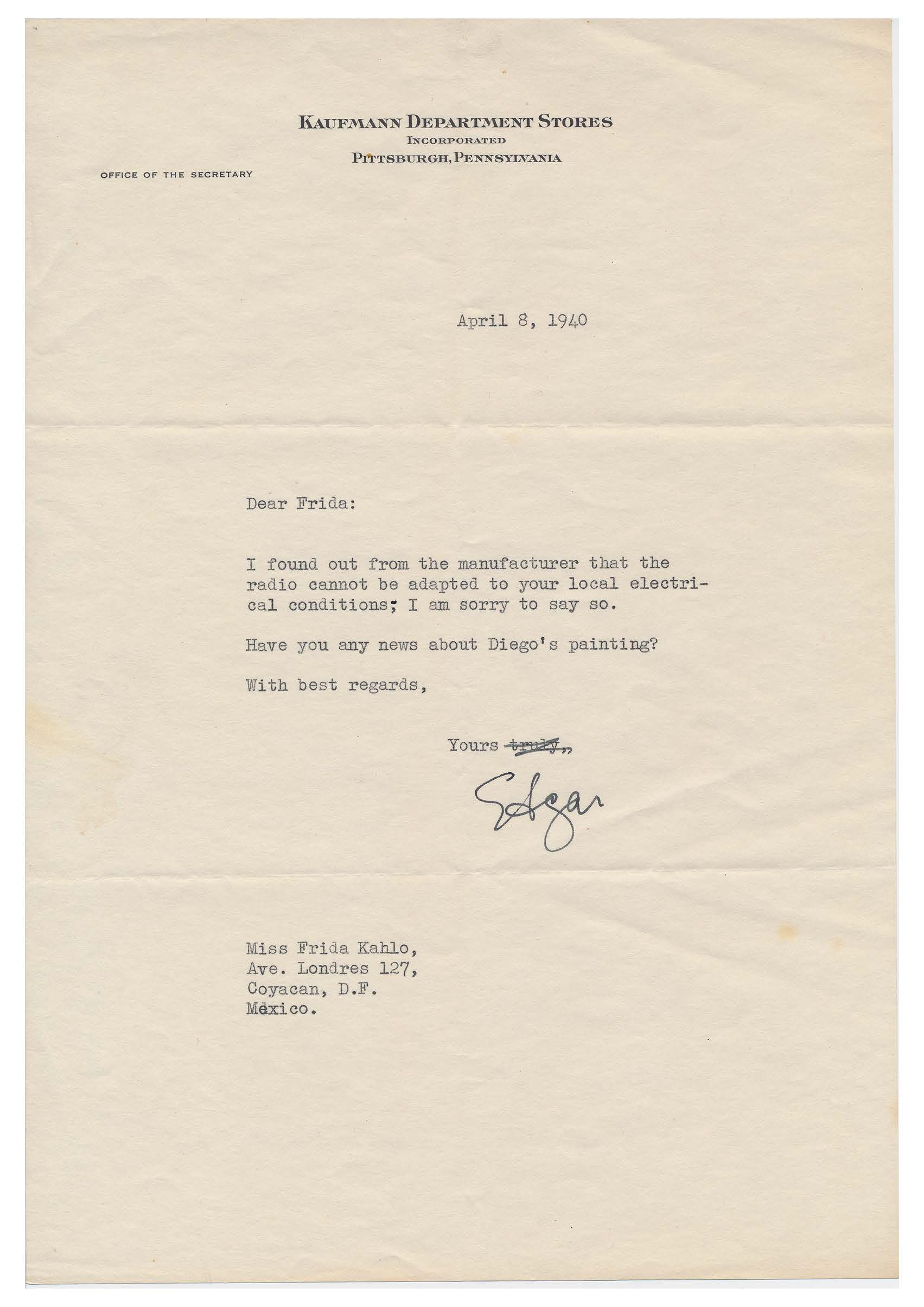 Letter from Edgar Kaufmann, jr. to Frida Kahlo, Apr 8, 1940 | National ...