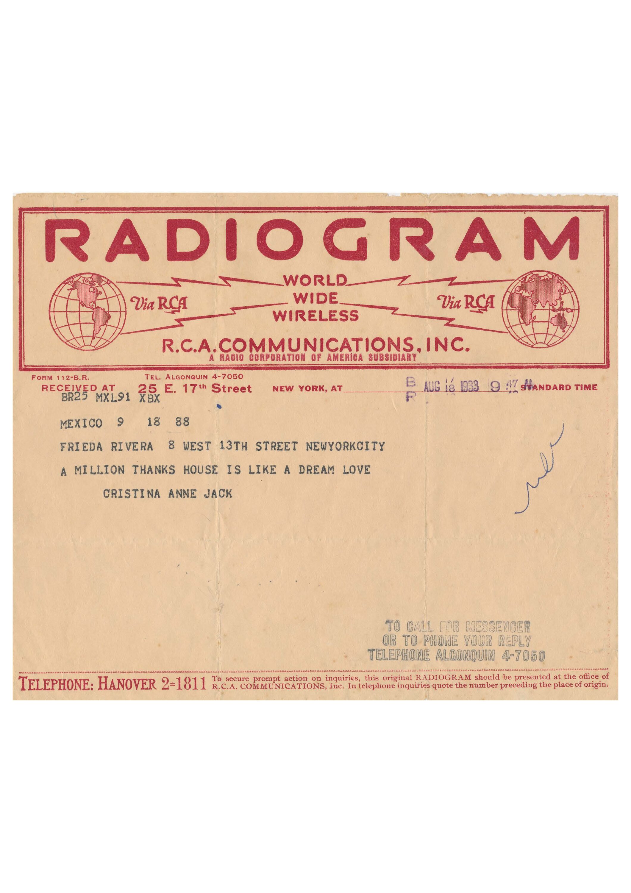 Telegram from Christina, Anne, and Jack to Frida Kahlo, Aug 18, 1933 ...
