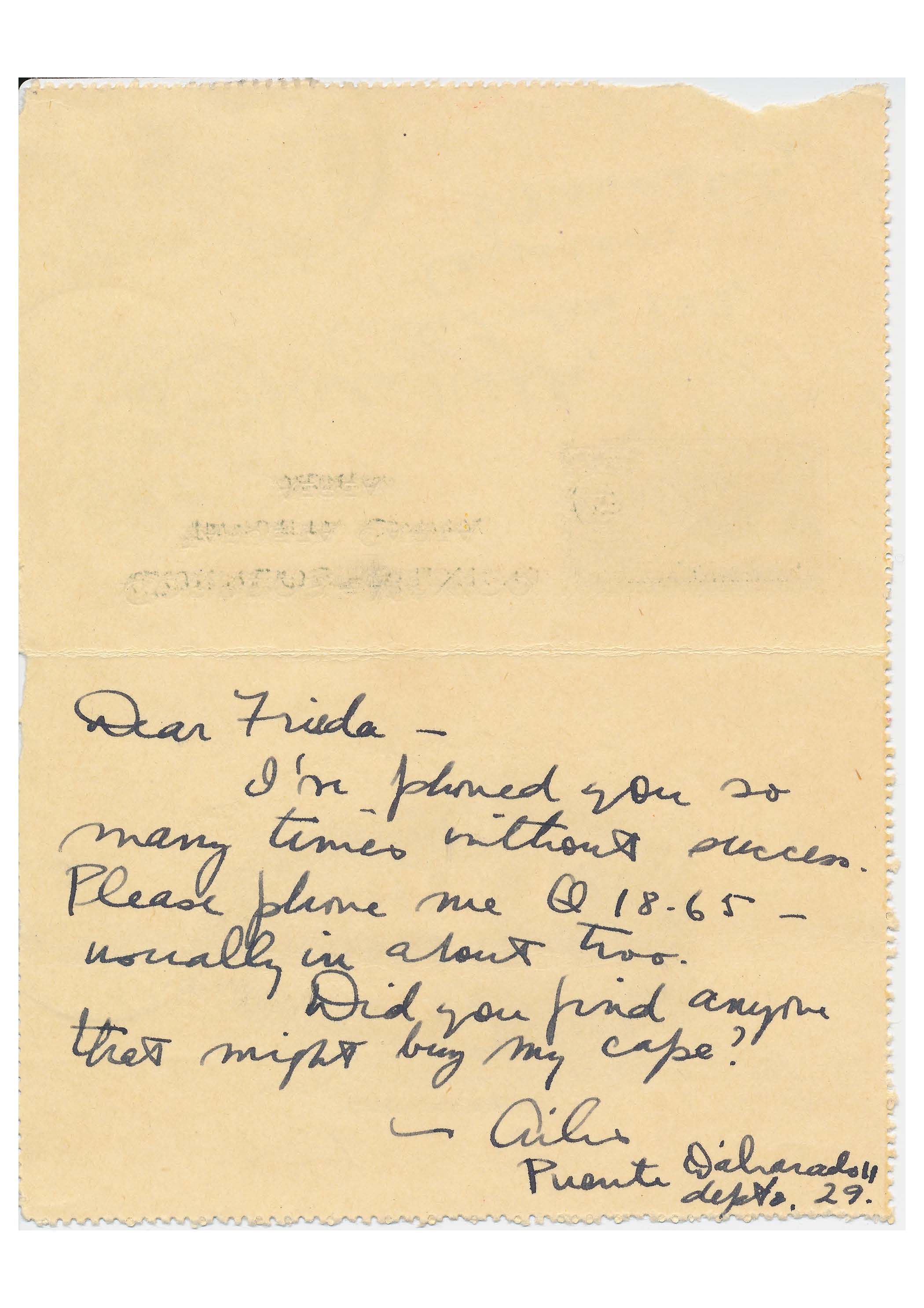 Letter from an unidentified sender to Frida Kahlo, Mar 4, 1940 ...